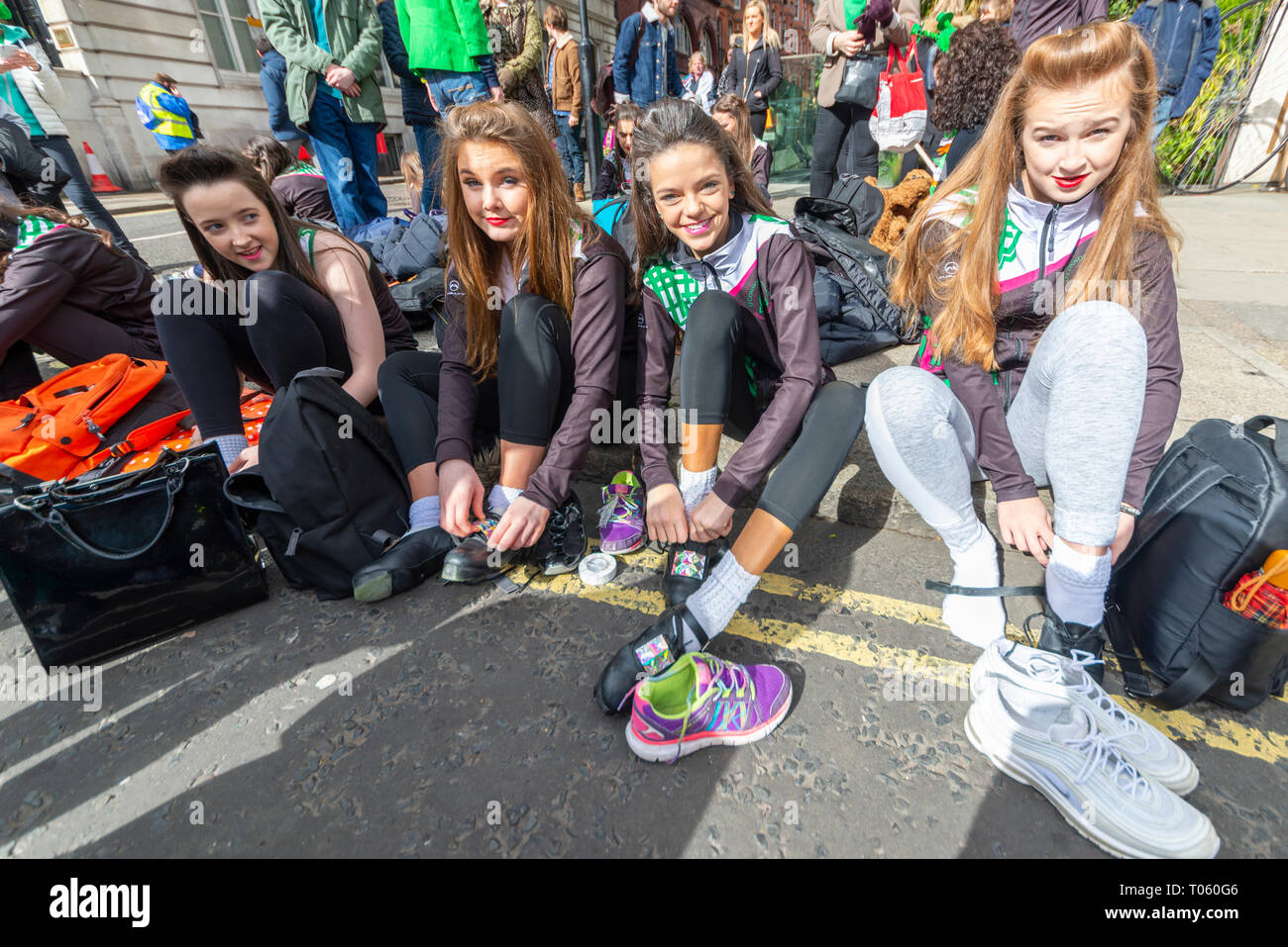 Traditional St Patrick's Day Parade through London, UK. Irish dancers ...