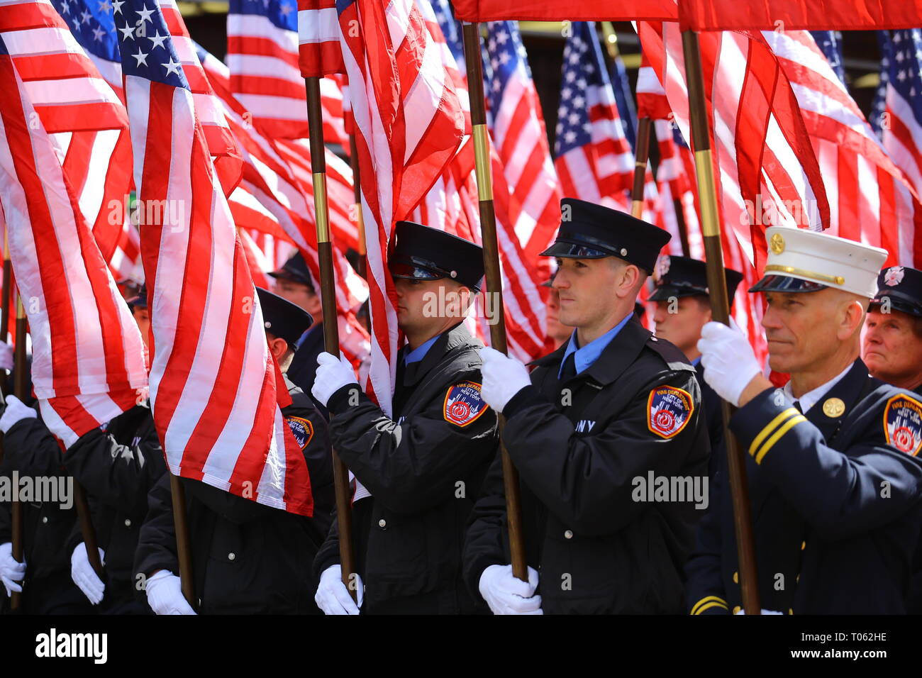 New York, USA . 16th Mar, 2019. Members of the FDNY Color Guard march ...