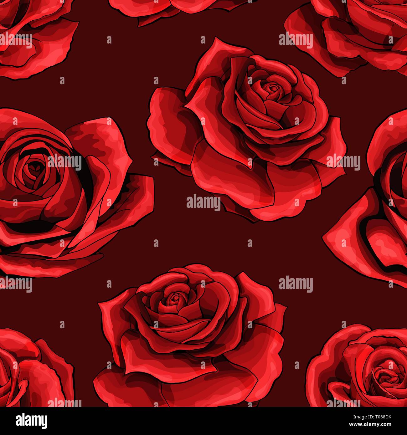 Red rose flower bouquets contour elements seamless pattern on maroon ...