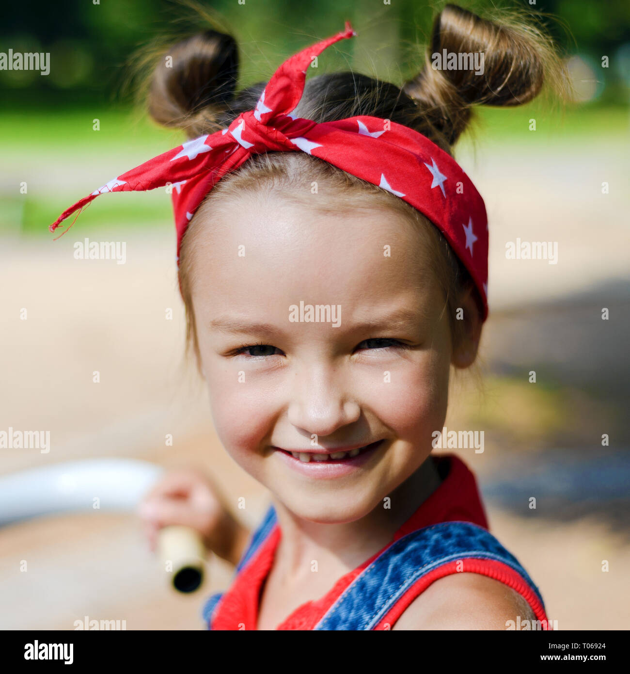portrait of little beauty girl. happy child smiling. hairstyle tail ...