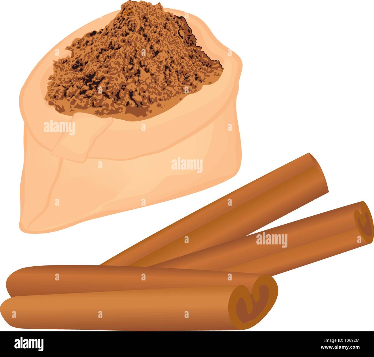 Cinnamon sticks and powder in a bag spice vector illustration on a ...