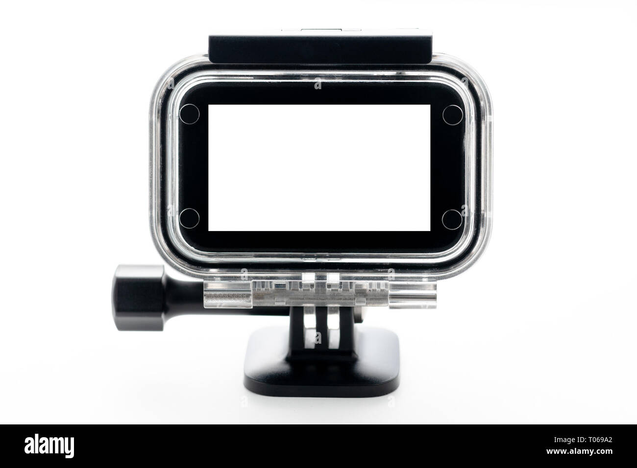 Extreme action camera at waterproof aqua-box isolated on a white ...