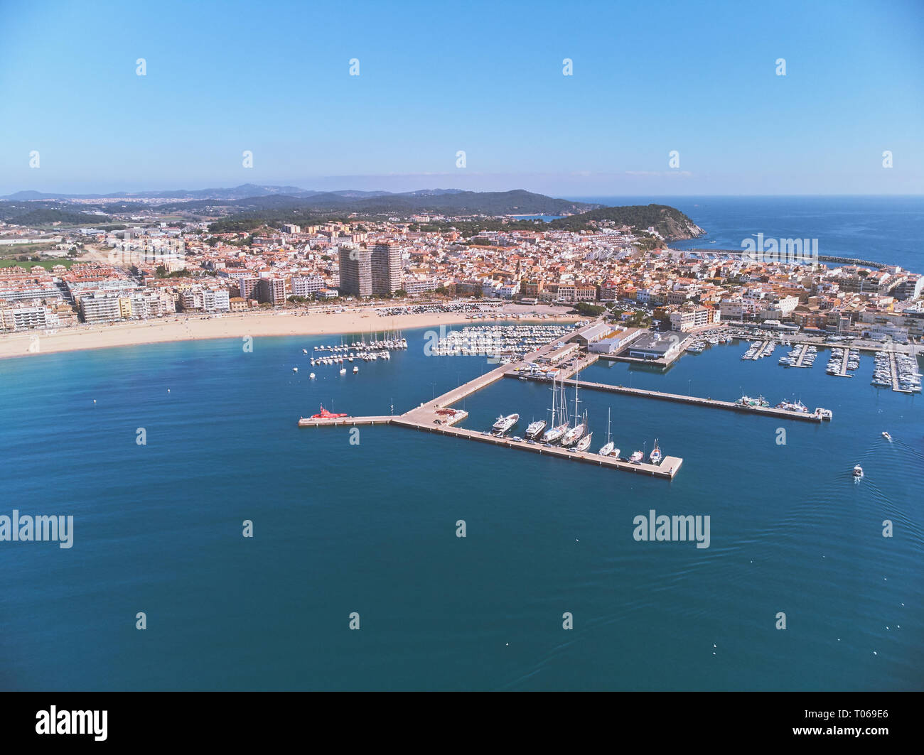 Aerial drone picture from small town Palamos from Spain, in Costa Brava ...
