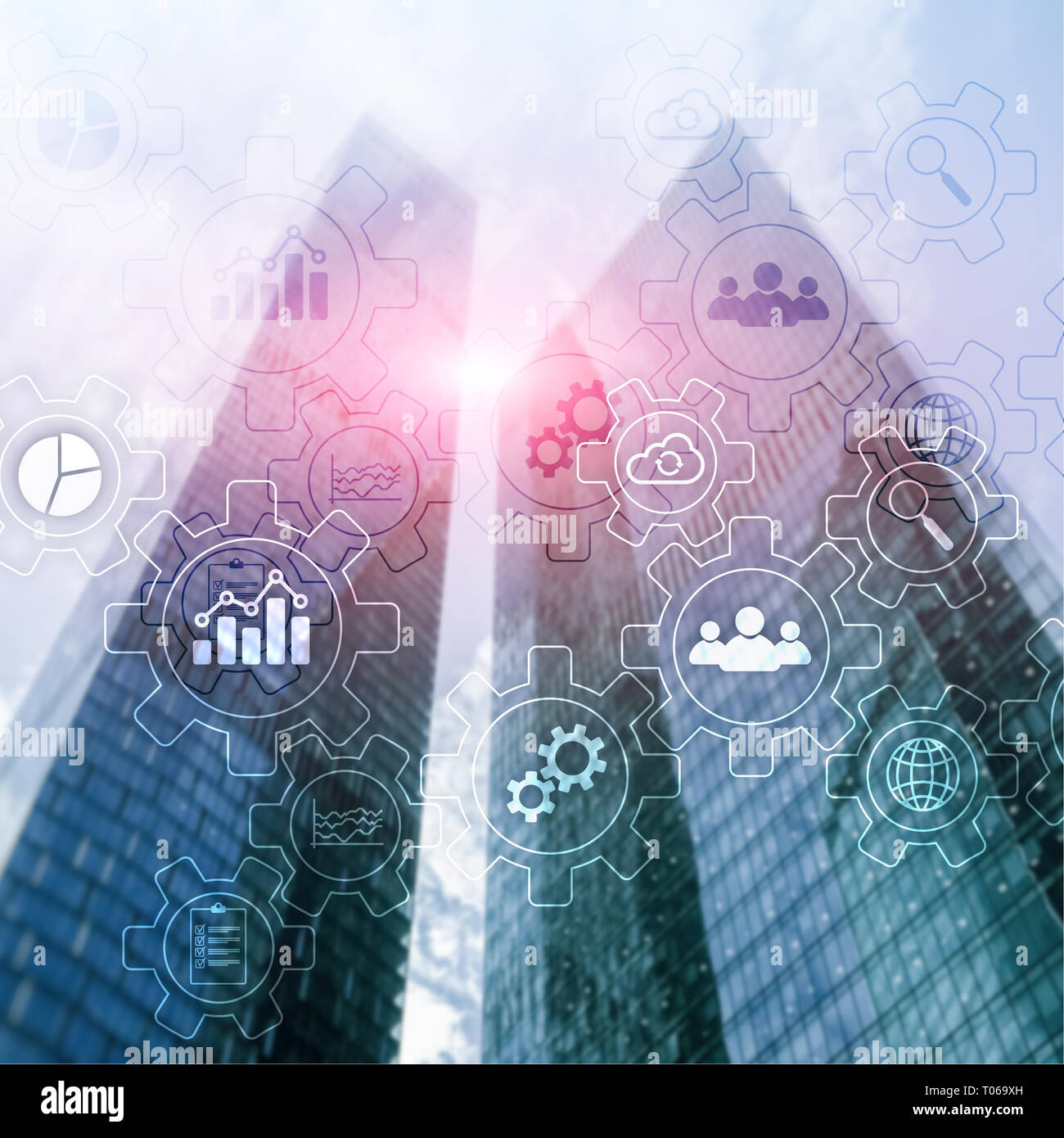 Business process abstract diagram with gears and icons. Workflow and ...