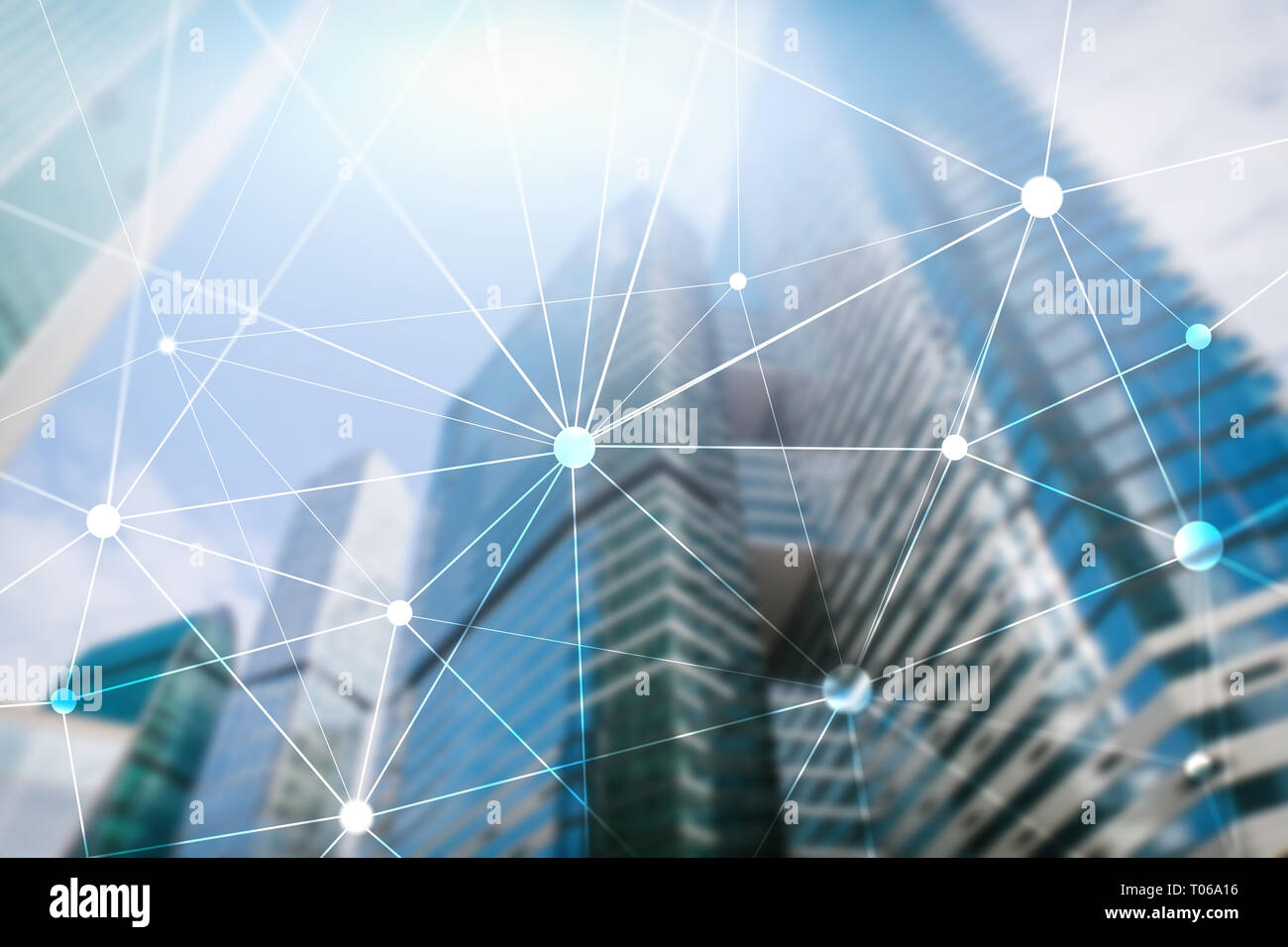 Blockchain network on blurred skyscrapers background. Financial ...