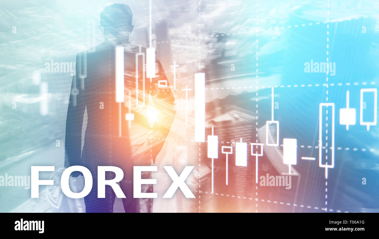 Forex trading, financial candle chart and graphs on blurred business ...