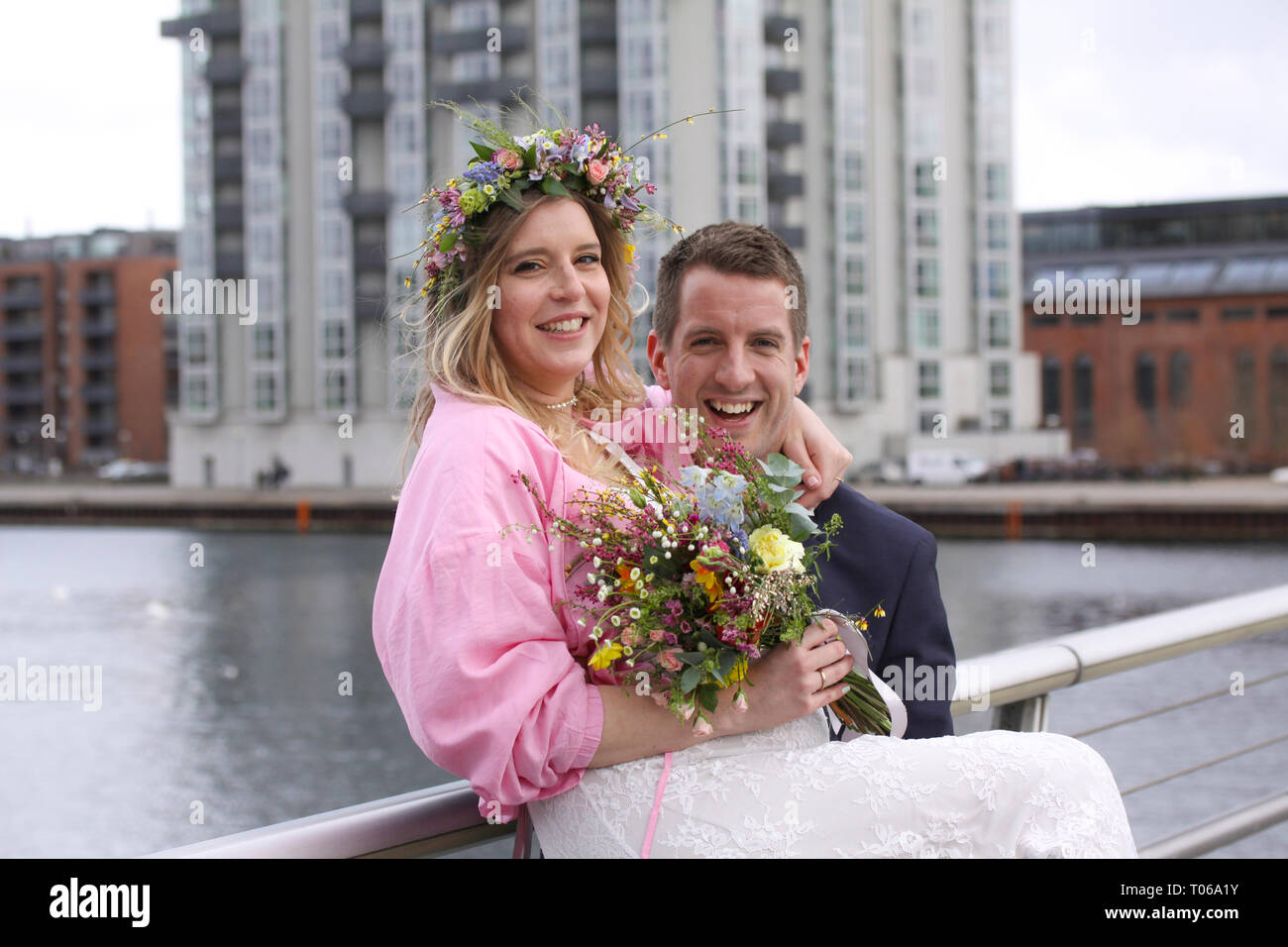 Happy newlyweds just married wedding couple couple smiling - girl with ...