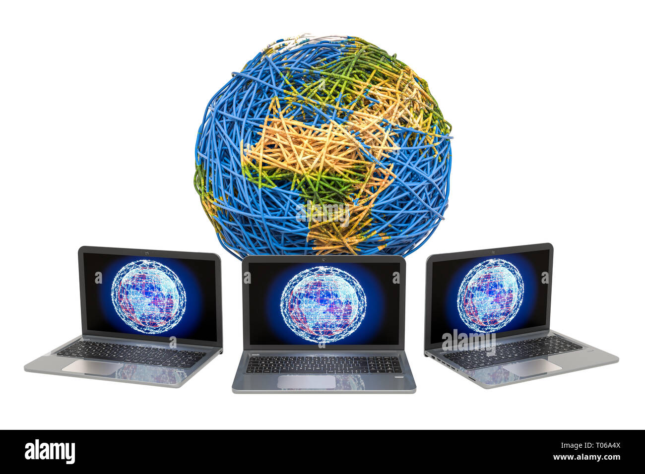 Global internet connection concept. Earth Globe from cable with laptops ...