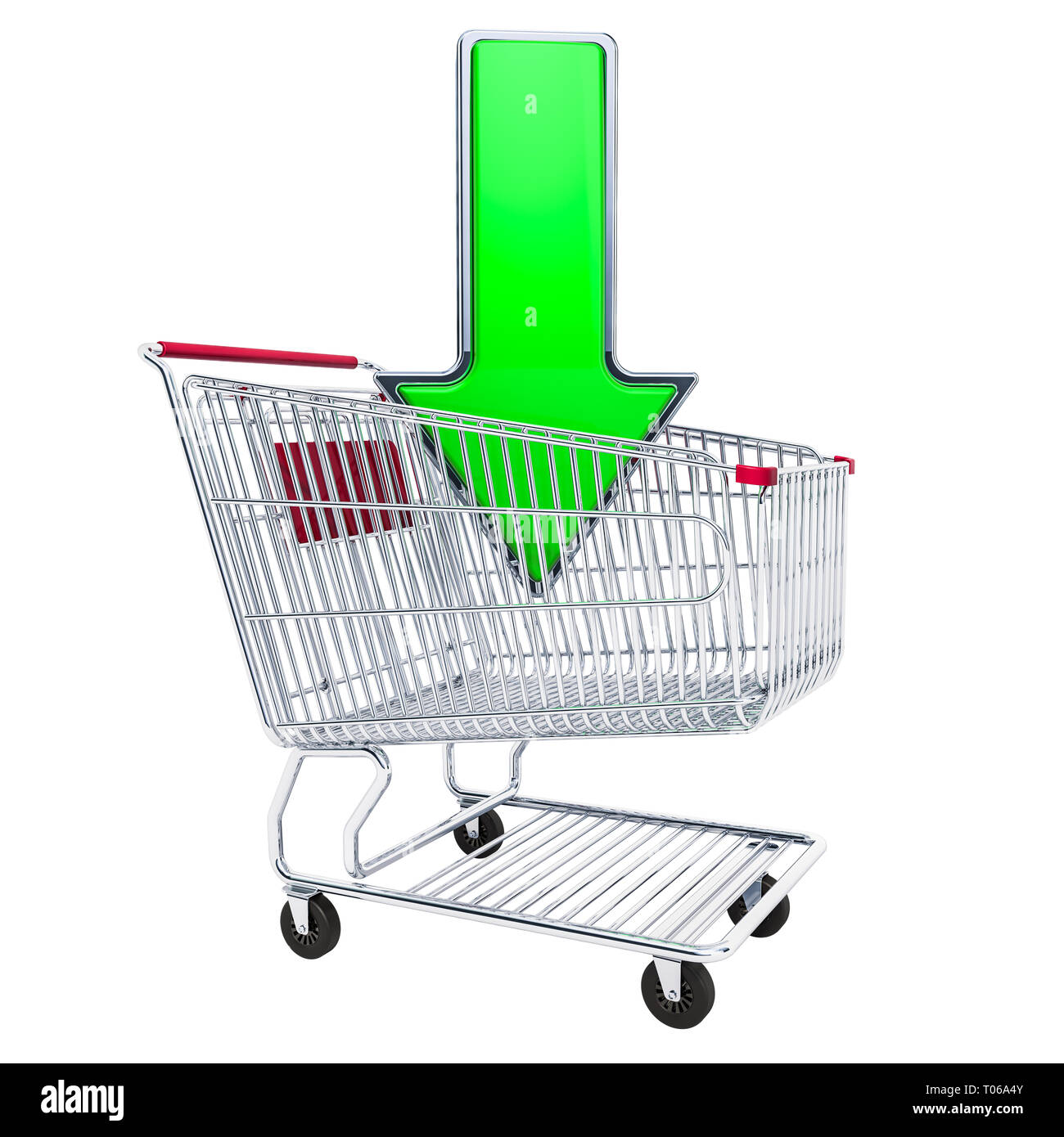 Shopping cart with green arrow, 3D rendering isolated on white ...