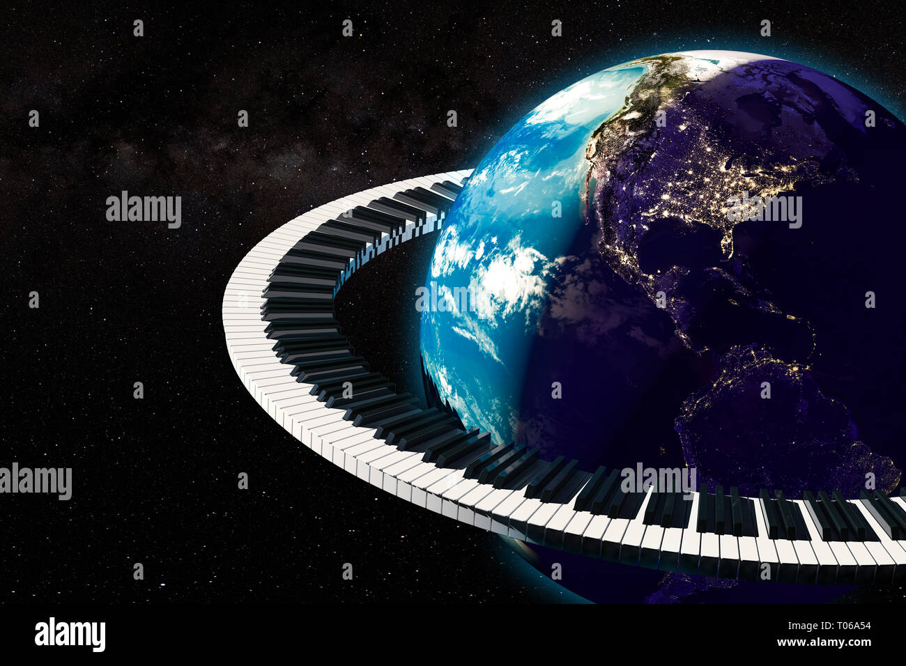 Global music concept. Earth Globe with piano keyboard around, 3D ...