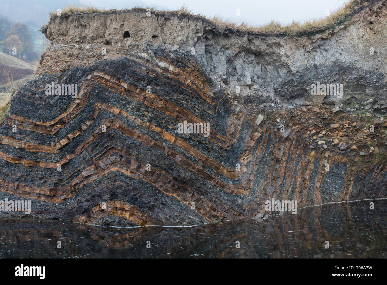 Folded rock strata due to valley bulging, Peak District National Park ...