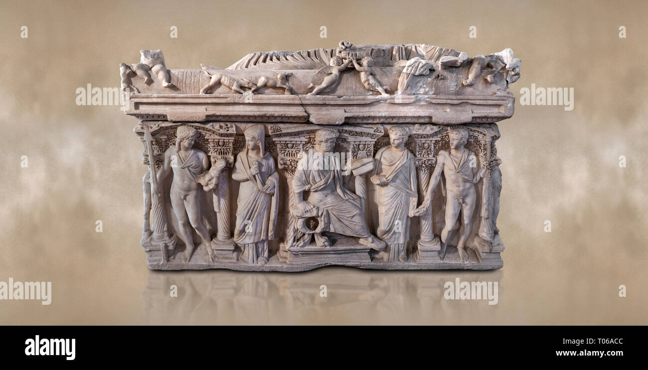 Side panel of a Roman relief sculpted sarcophagus with kline couch lid ...