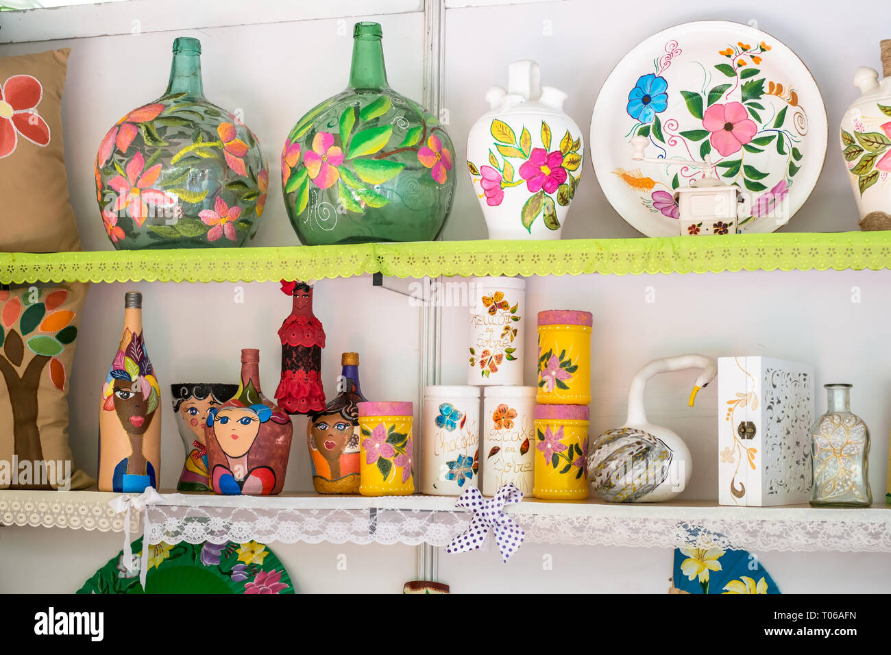 Malaga, Spain - May 18, 2018. Handicraft store with Spanish souvenir in ...