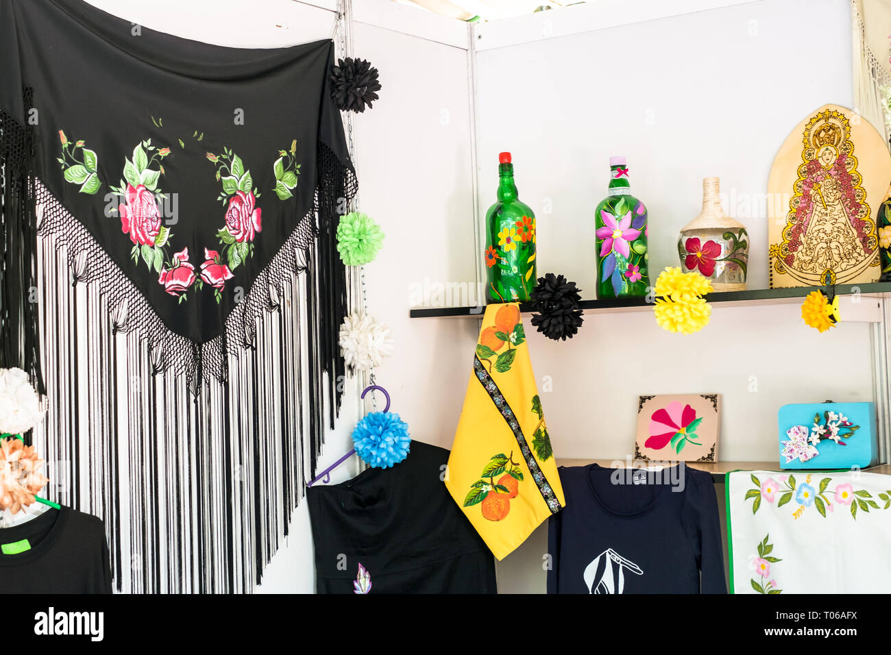 Malaga, Spain - May 18, 2018. Handicraft store with Spanish souvenir in ...