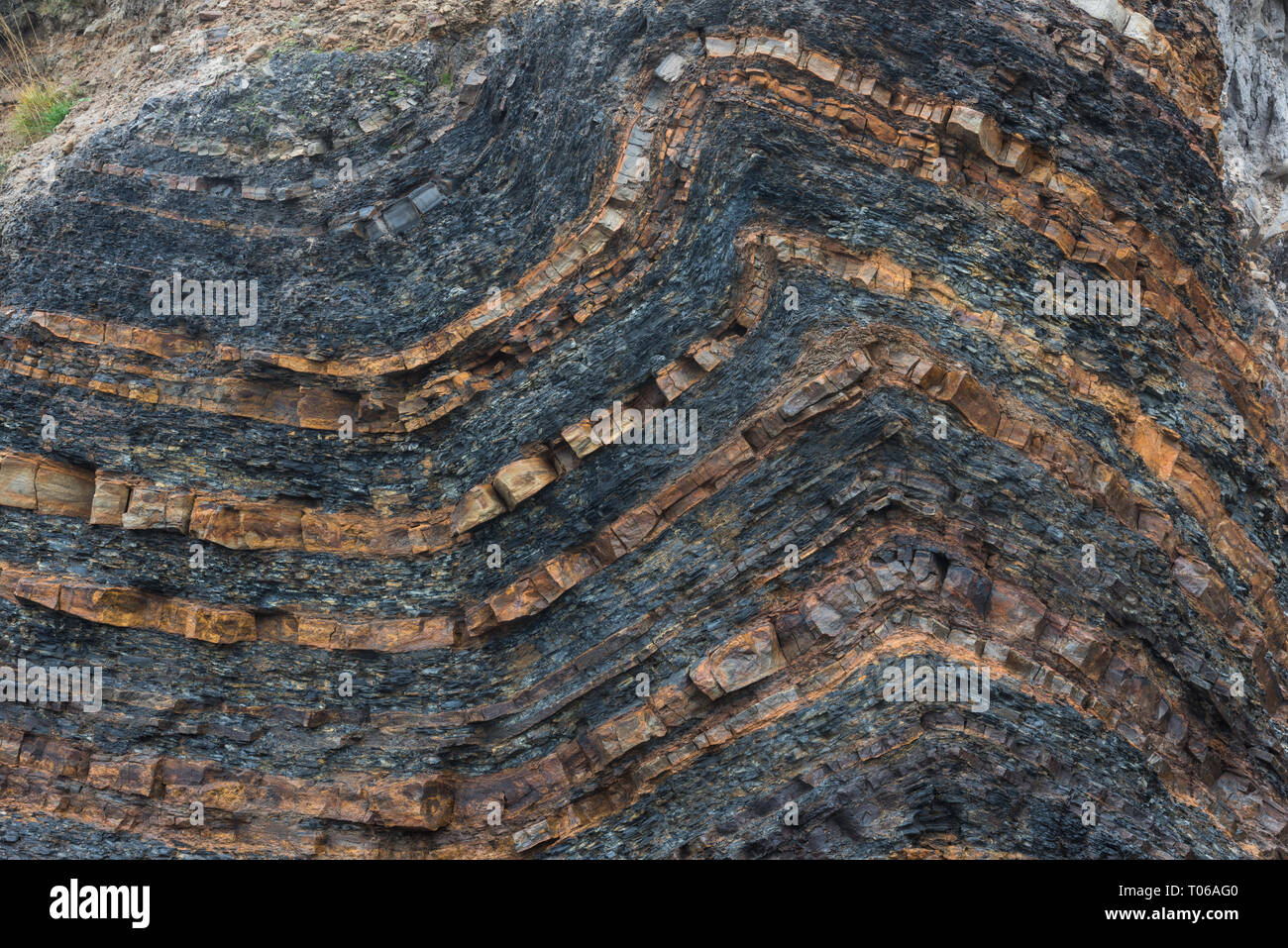 Folded rock strata due to valley bulging, Peak District National Park ...