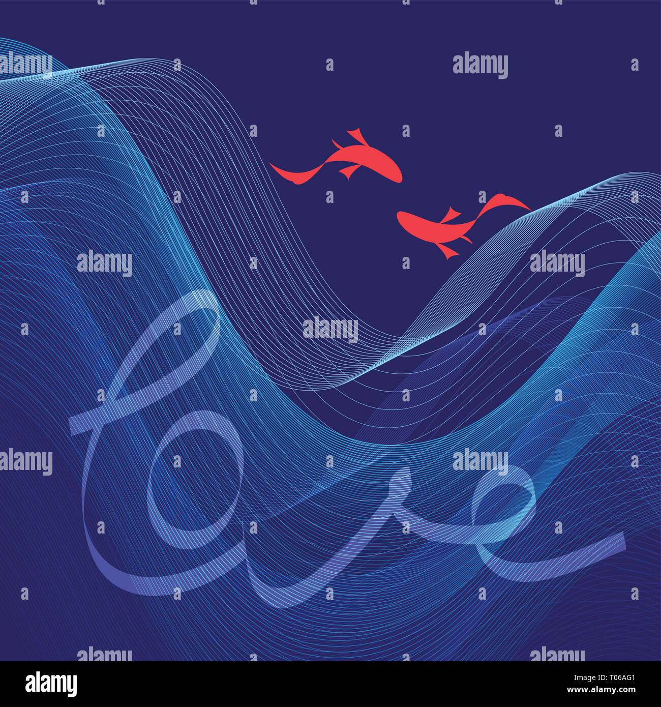 Bright with love background with waves and fishes on blue background ...