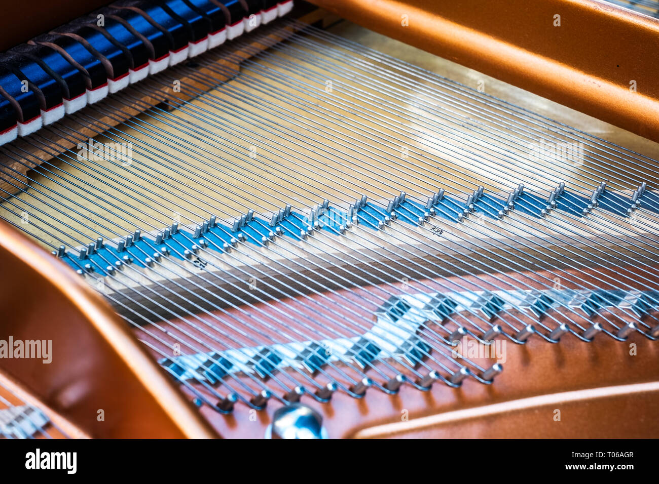 Interior of a grand piano, showing strings and hammers Stock Photo - Alamy