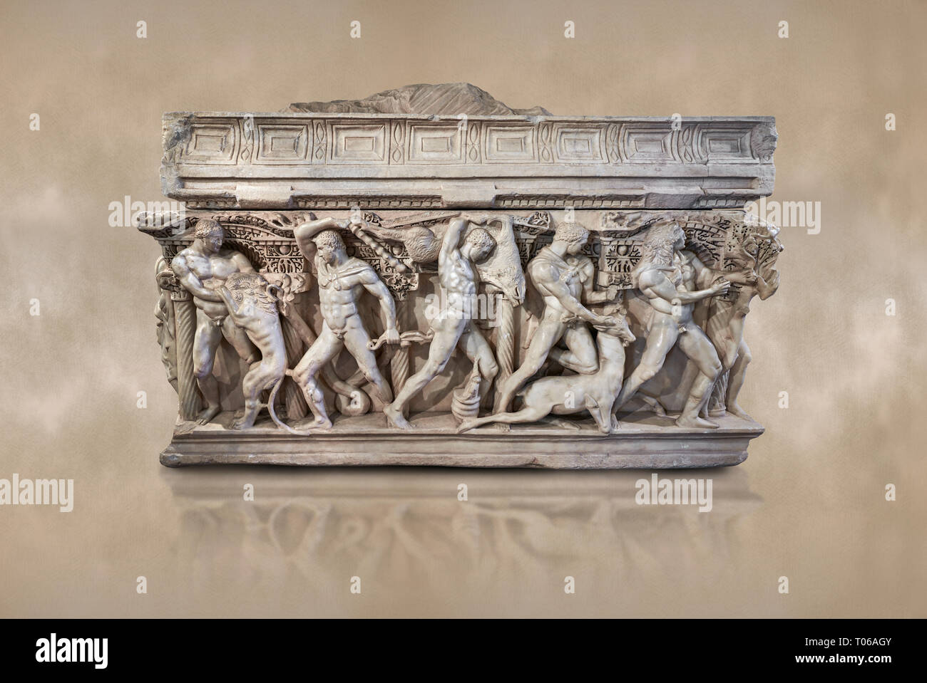 Side panel of a Roman relief sculpted Hercules sarcophagus with kline ...