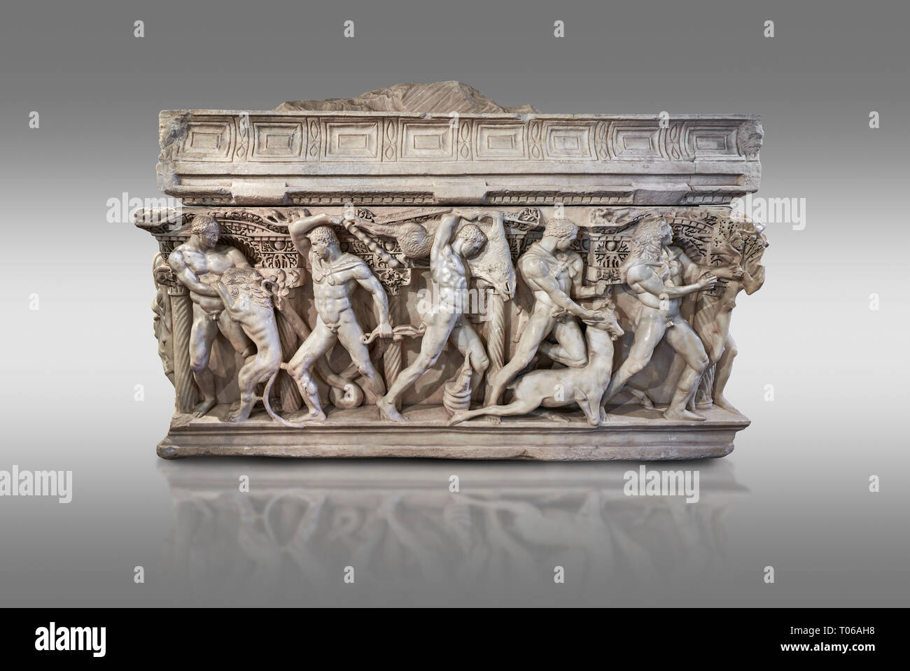 Side panel of a Roman relief sculpted Hercules sarcophagus with kline ...