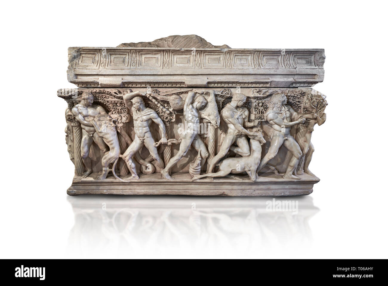 Side panel of a Roman relief sculpted Hercules sarcophagus with kline ...