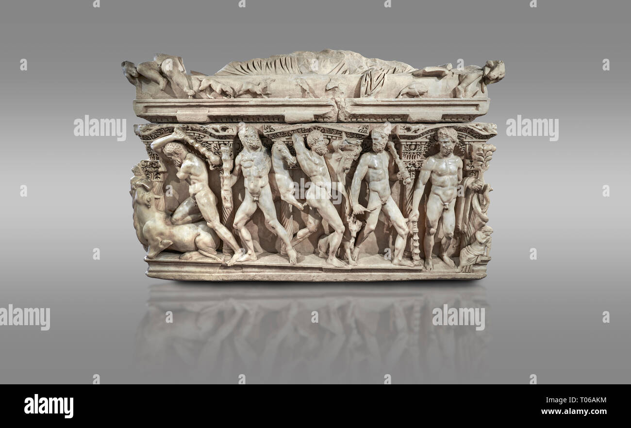 Roman relief sculpted Hercules sarcophagus with kline couch lid ...
