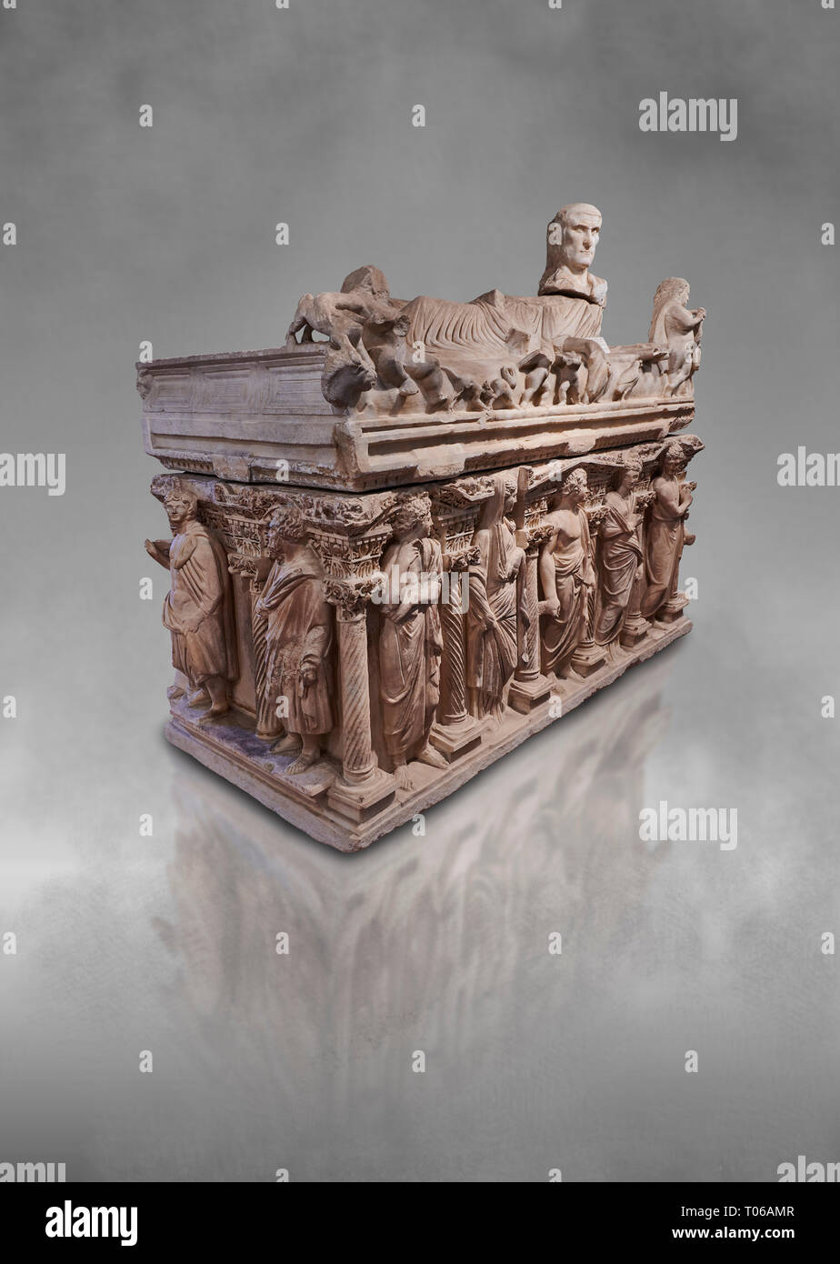 Roman relief sculpted sarcophagus with kline couch lid with a reclining ...