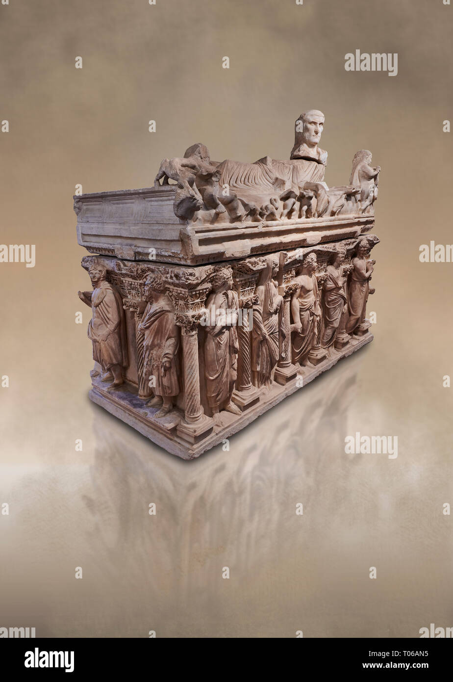 Roman relief sculpted sarcophagus with kline couch lid with a reclining ...