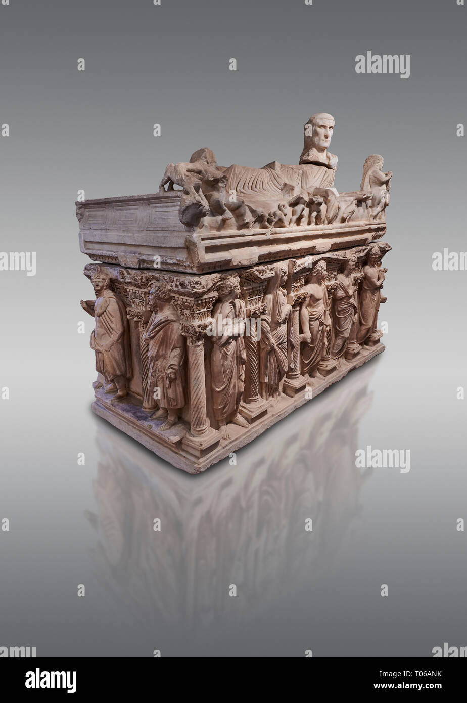 Roman relief sculpted sarcophagus with kline couch lid with a reclining ...