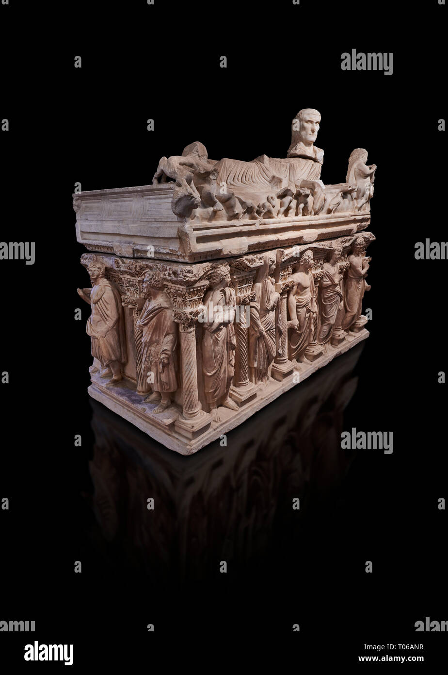 Roman relief sculpted sarcophagus with kline couch lid with a reclining ...