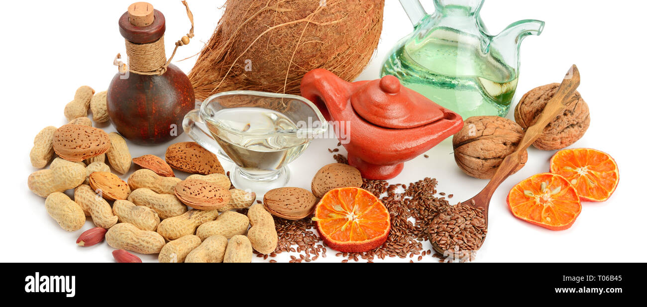 Set of seeds, nuts and vegetable oils, isolated on white background ...