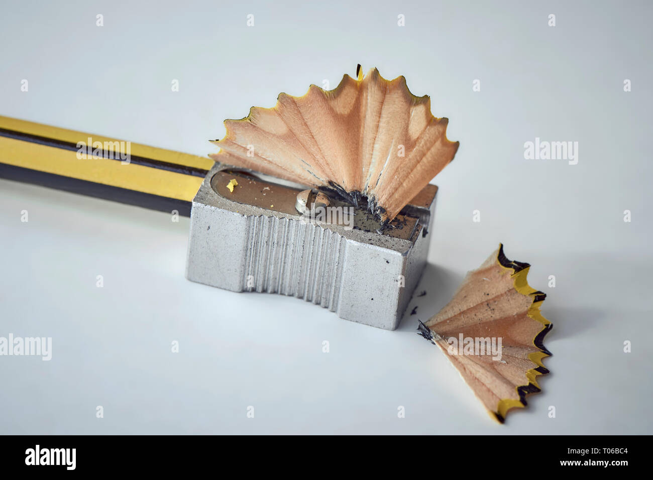 Typical yellow and black pencil, sharpener and shavings on white ...