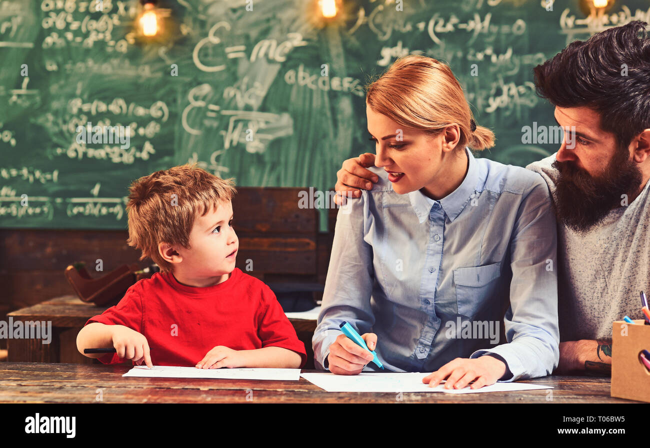 Art for children. Bearded adult father teaches to draw little son. Boy ...