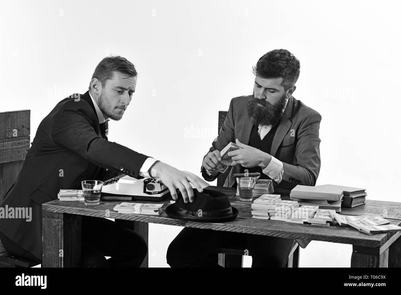 Work hard play hard. Doing business accounting. Busy men planning ...