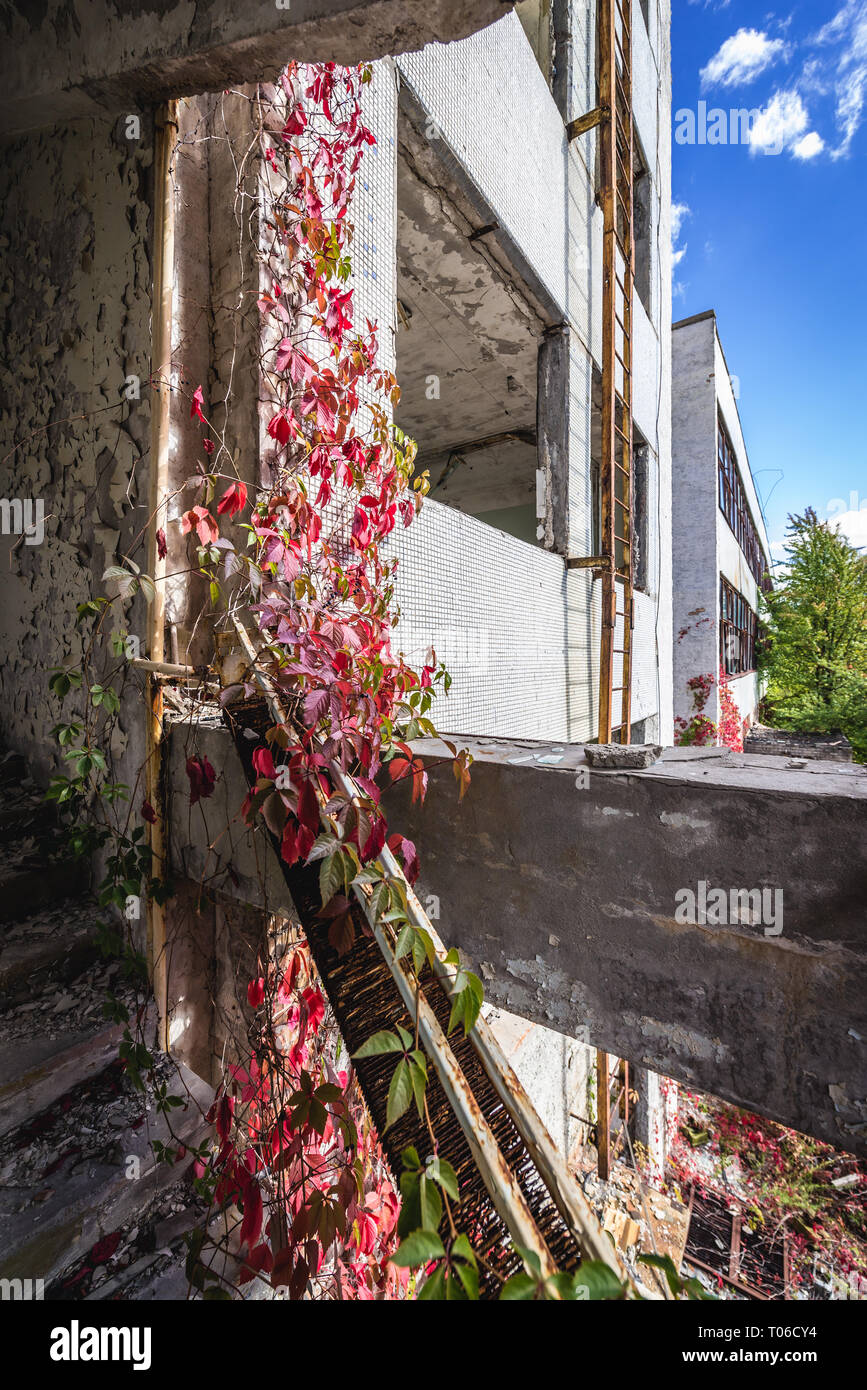 Overgrown staircase of abandoned Jupiter Factory in Pripyat ghost town ...