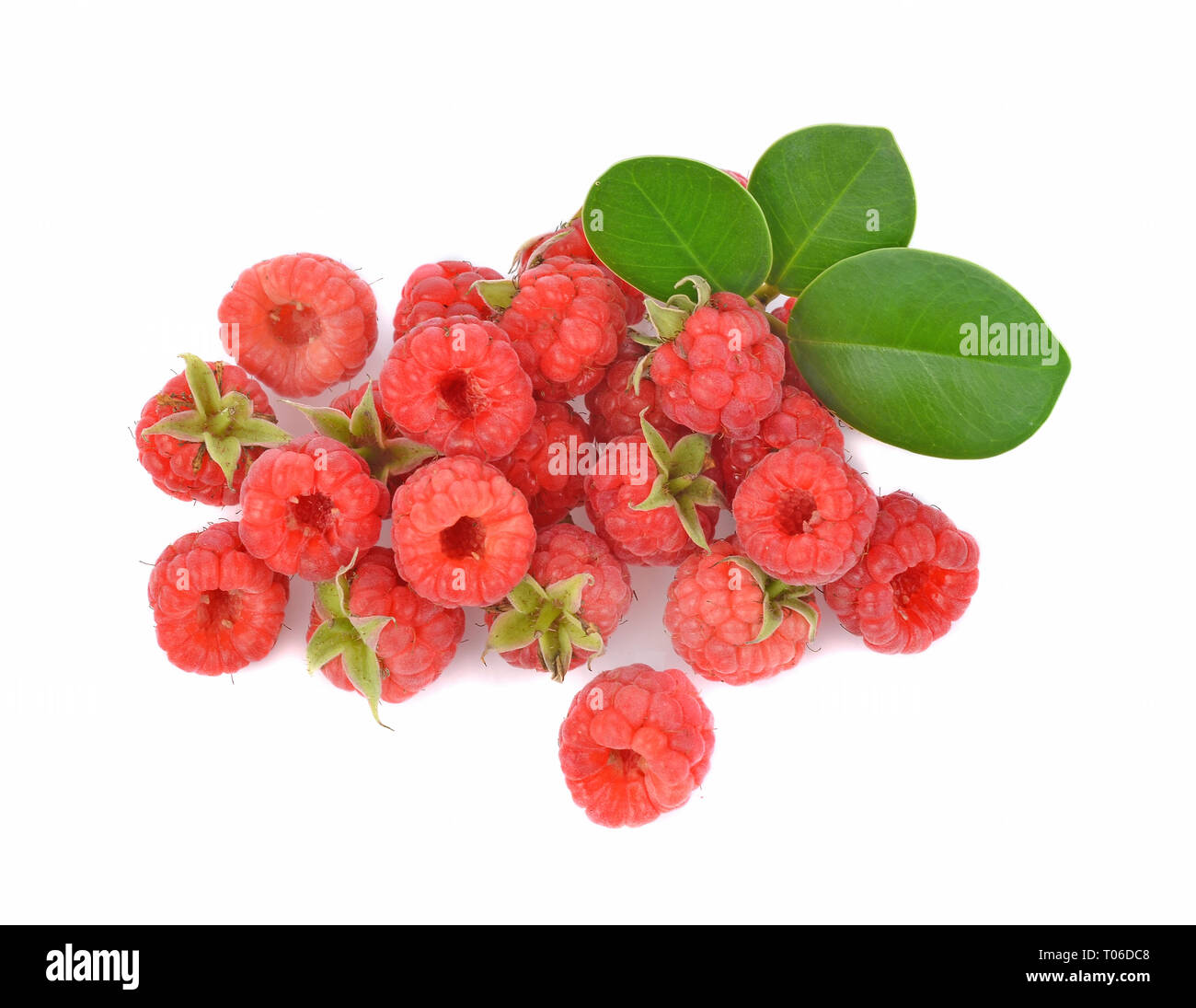 Top view of Raspberries with green leaf isolated on white background ...