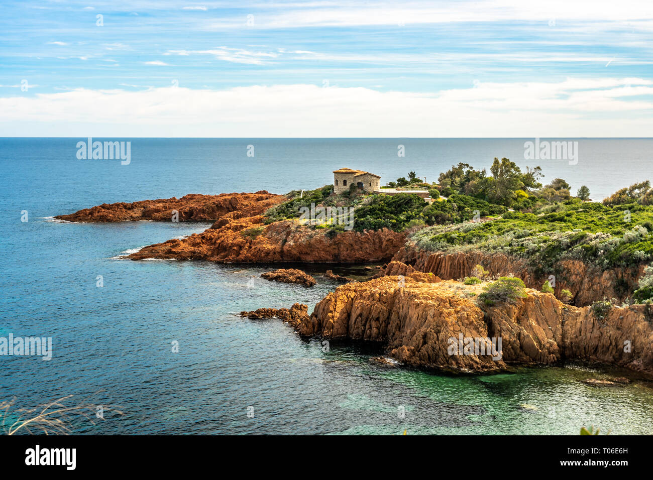 red rocks coast and sea at the French Riviera in Cote d Azur near ...