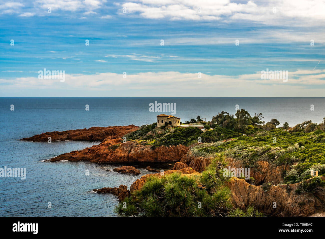 red rocks coast and sea at the French Riviera in Cote d Azur near ...
