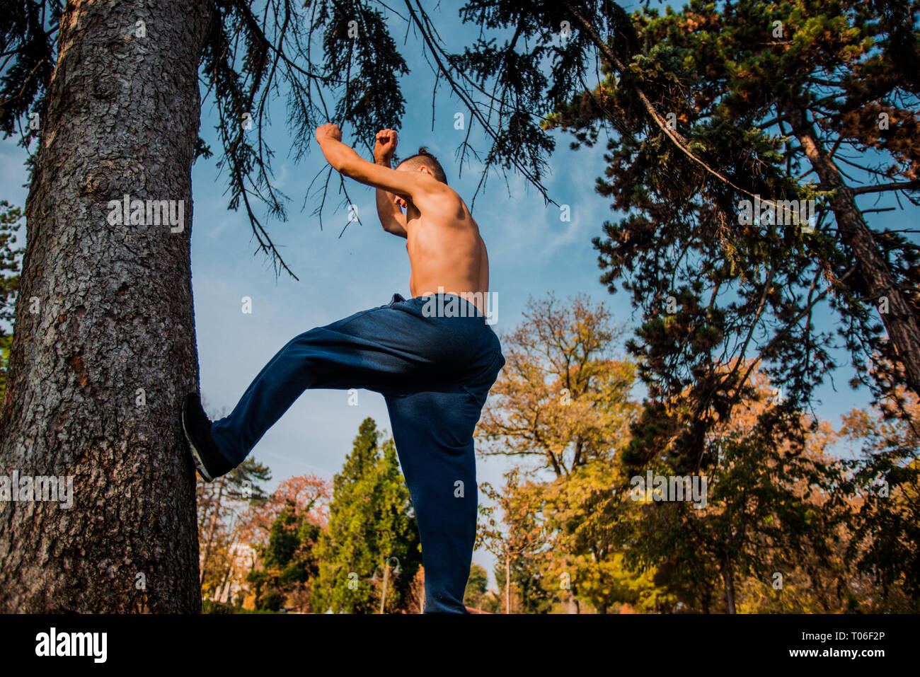 Training day of young traceur while doing parkour jumping Stock Photo ...