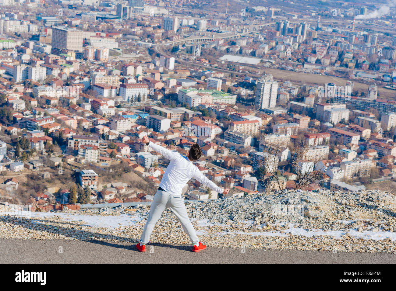Bodybuilder performing his warming up session while having an excellent ...
