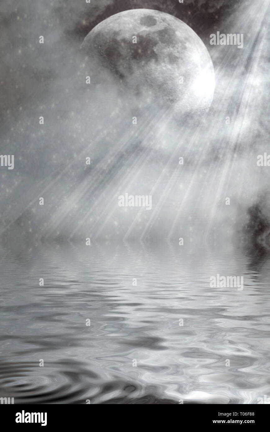 illustration of moon rays in fog from the clouds falling on the water ...