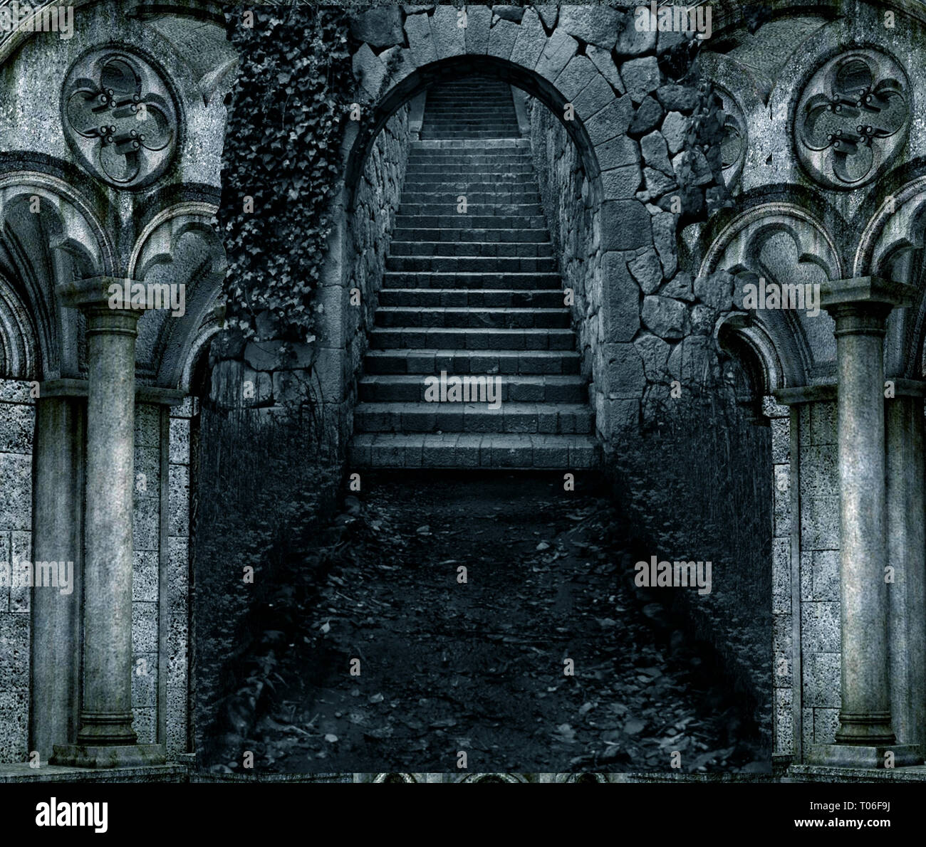 illustration of dark scary stone stair entrance with stone architecture ...
