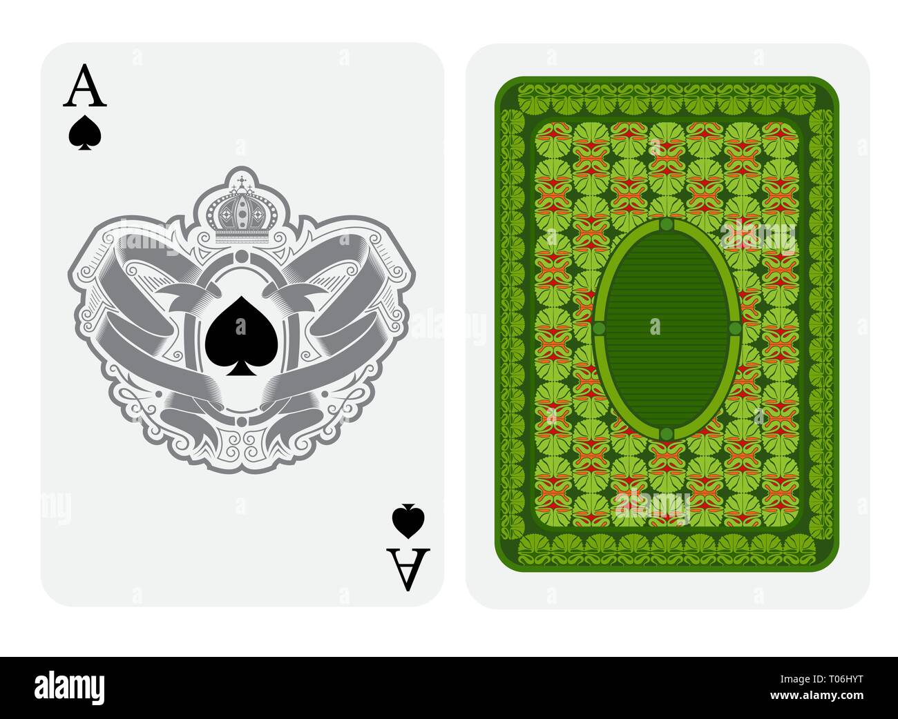 Ace of spades face with spades inside oval frame in center and ribbon ...