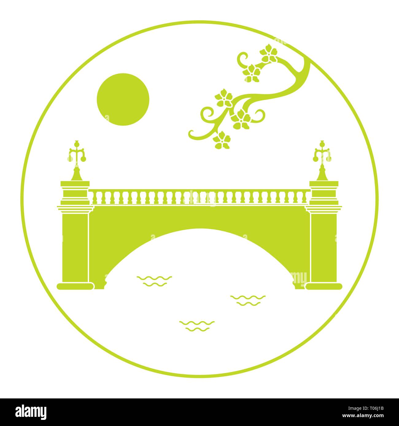 Vector illustration with sakura branch and old bridge. Japan ...