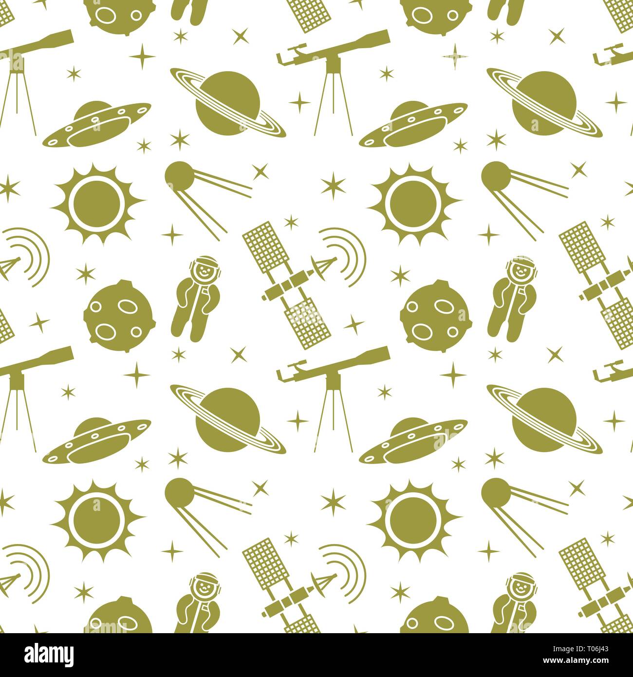 Seamless pattern with telescope, UFO, satellite, planets, astronaut ...
