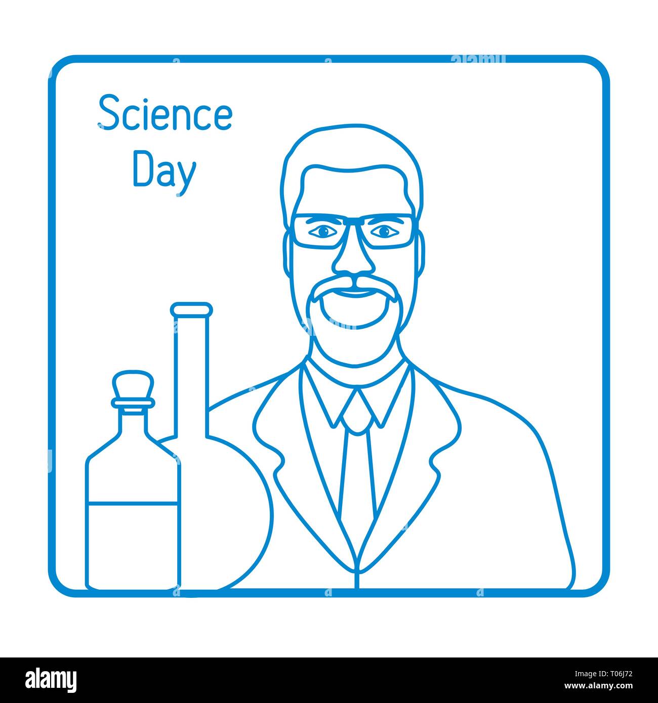 Vector illustration with scientist, glassware flasks. Laboratory ...