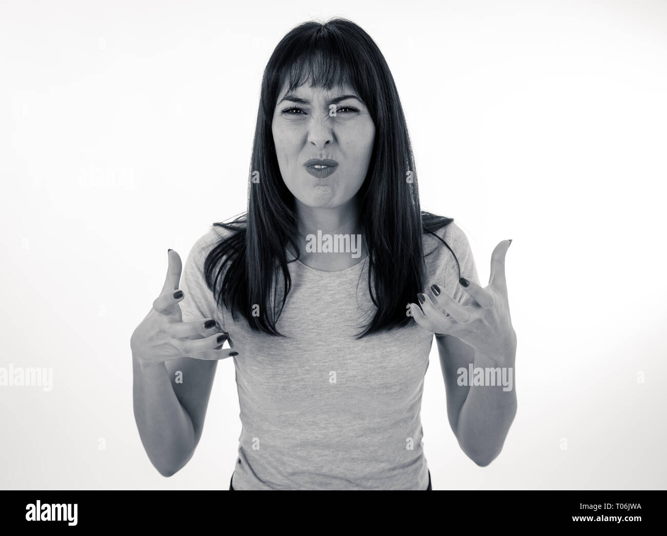 Close up black and white portrait of young attractive caucasian woman ...
