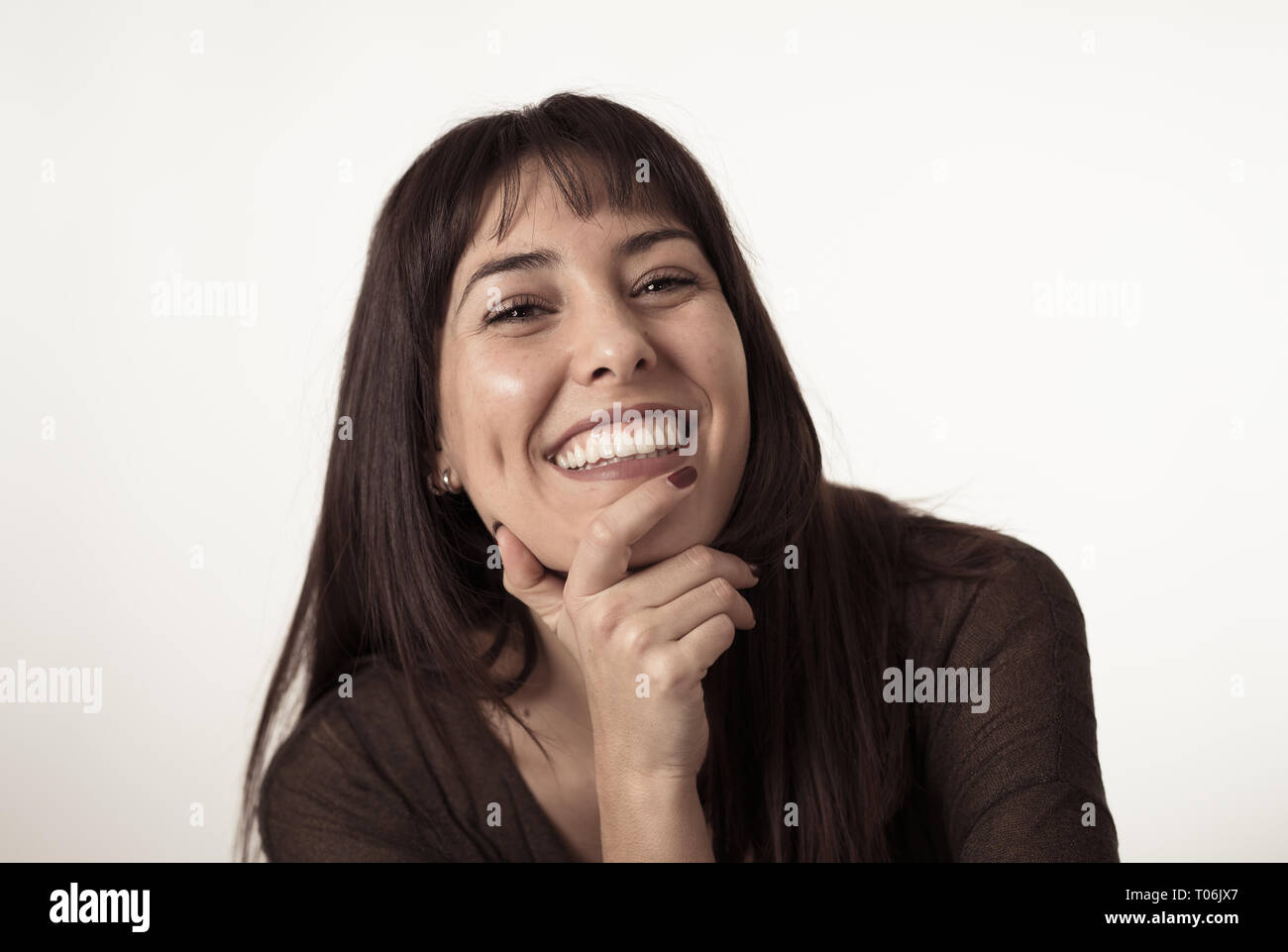 Close up portrait of young beautiful caucasian woman with happy face ...