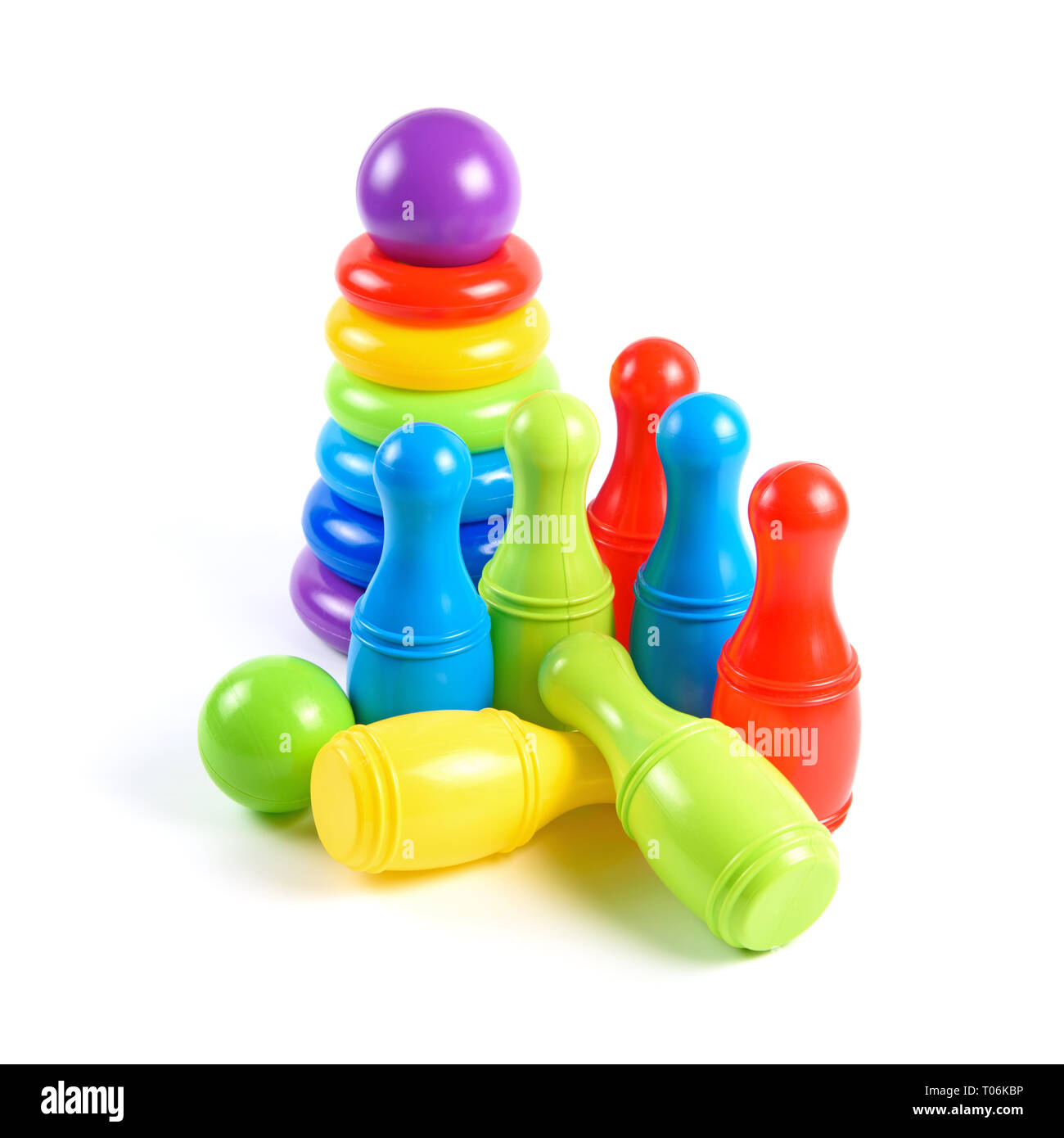 Colorful Plastic Skittles and Pyramid Toys Isolated on White Background ...