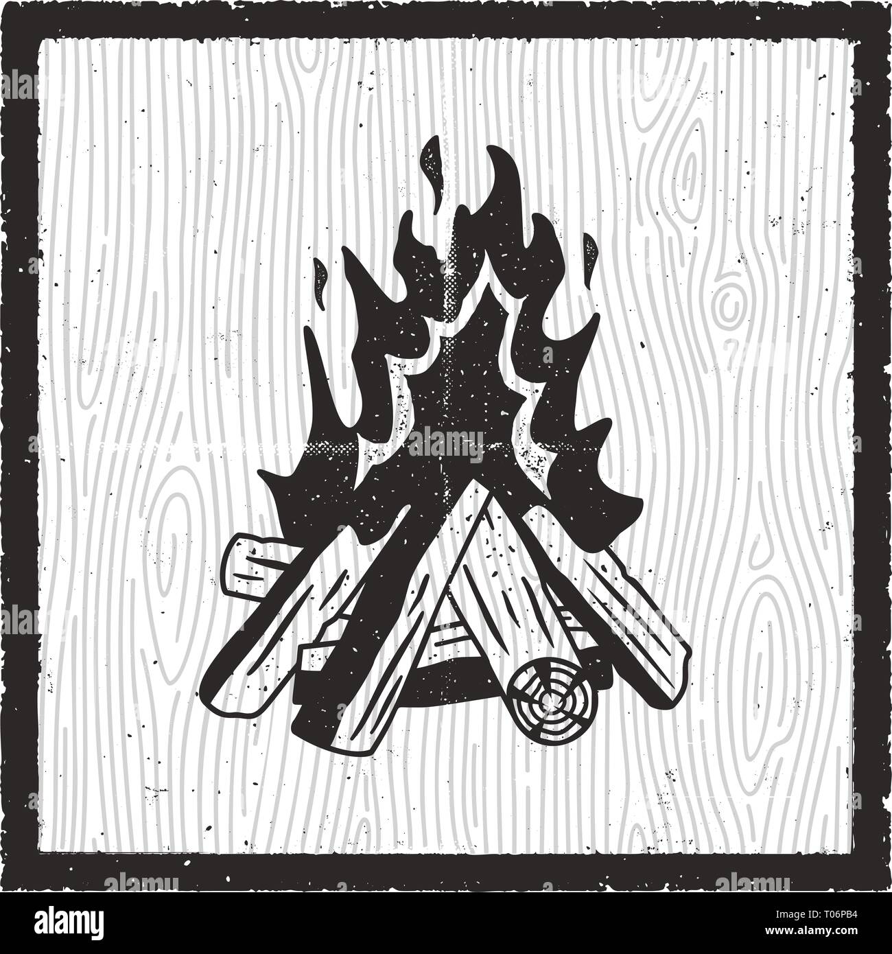 Camp fire hand drawn card. Vintage monochrome style with bonfire. Stock ...