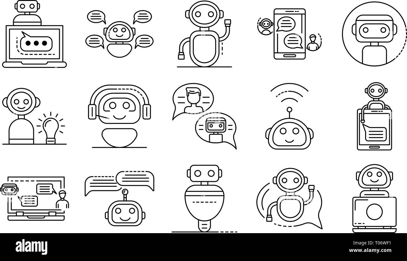 Chat bot robot service icons set vector ai chatbot Black and White ...